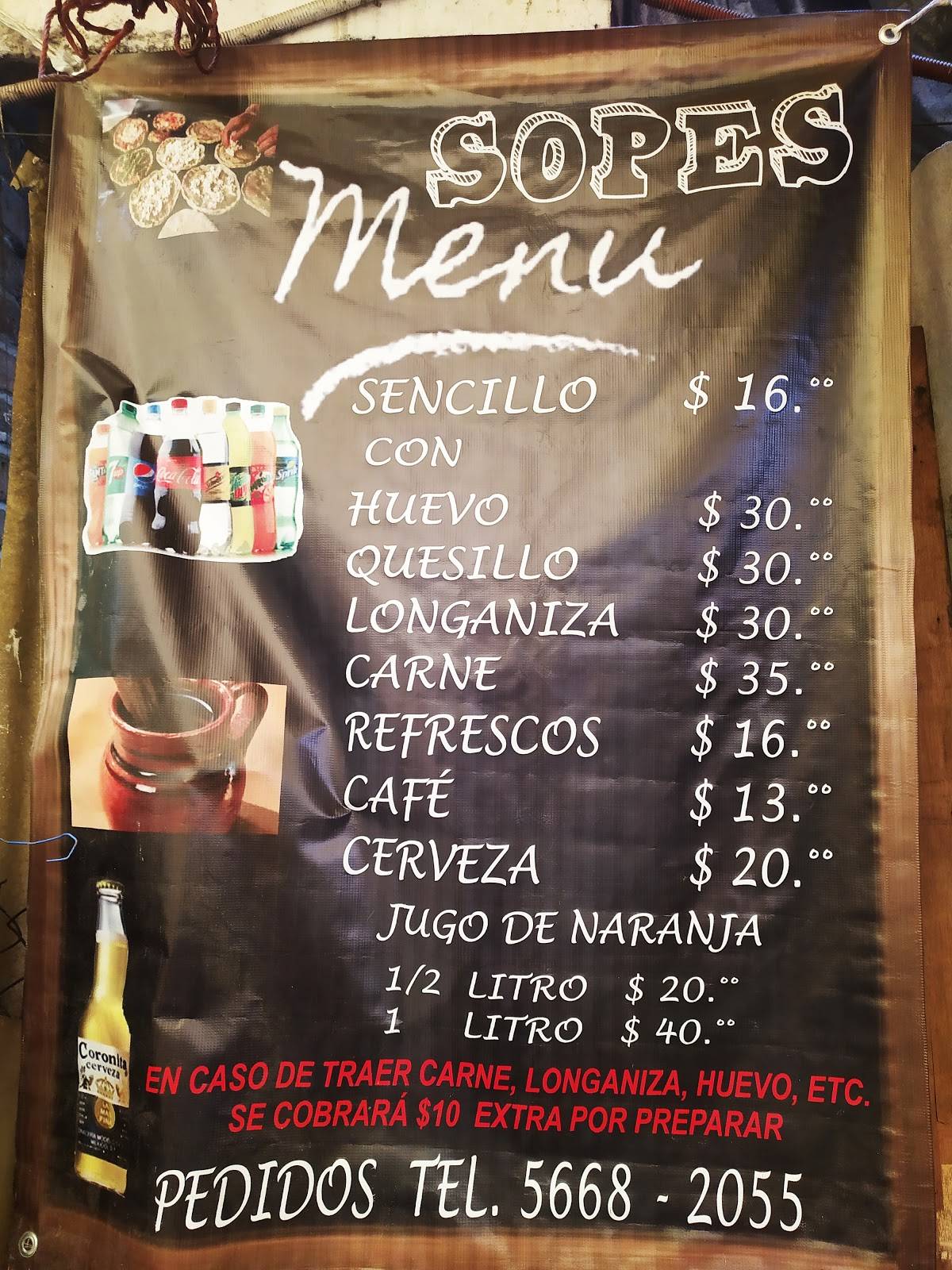 Menu at Sopes Tope restaurant, Mexico