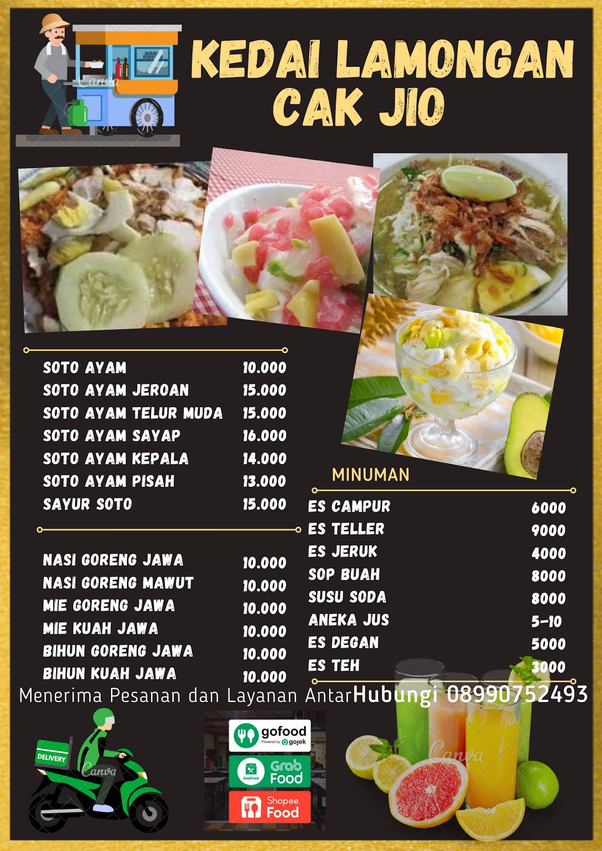 Carta del restaurante Soto Ayam Cak Jio, Indonesia