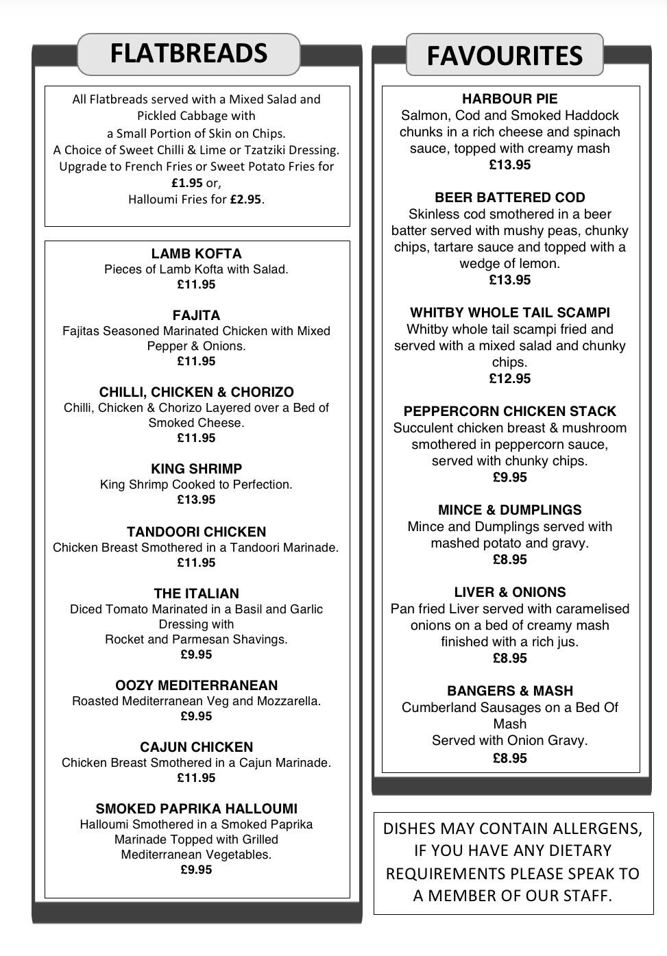 Menu at Harbour Lights Inn pub & bar, South Shields