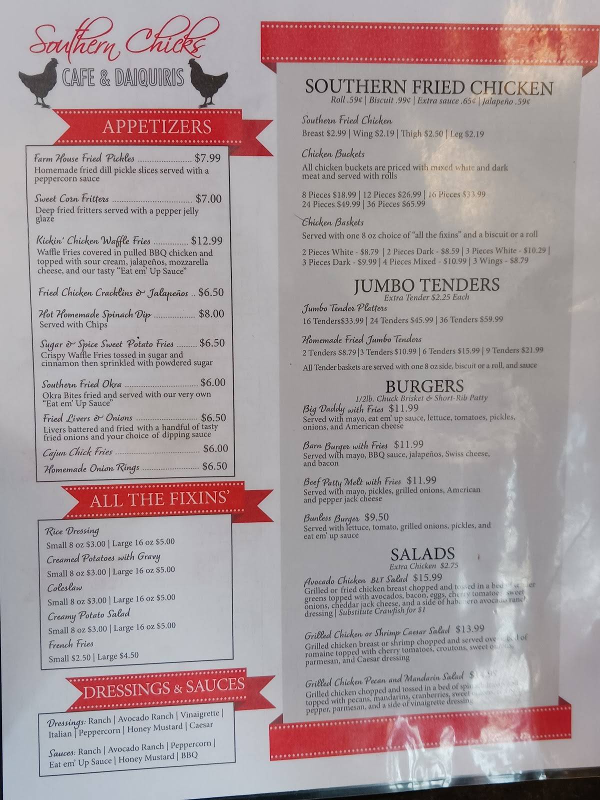 Menu at Southern Chicks Cafe & Daiquiris, New Roads