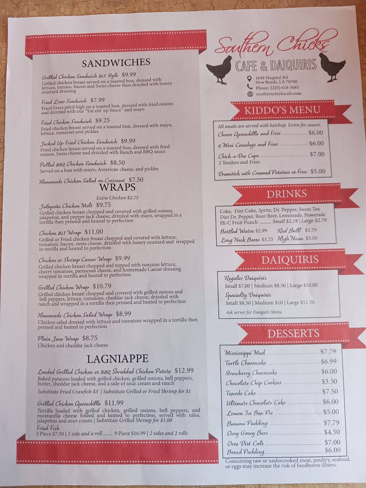 Menu at Southern Chicks Cafe & Daiquiris, New Roads