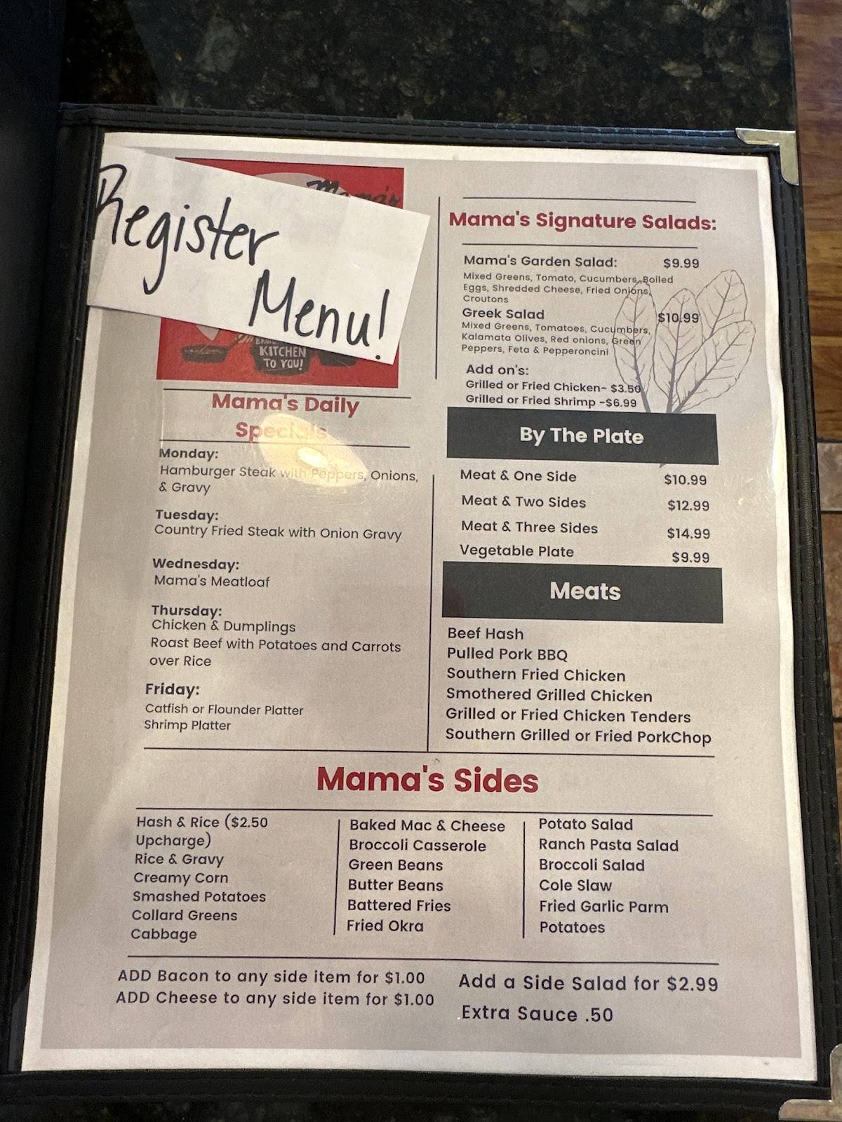 Menu at Southern Mama's restaurant, Elgin