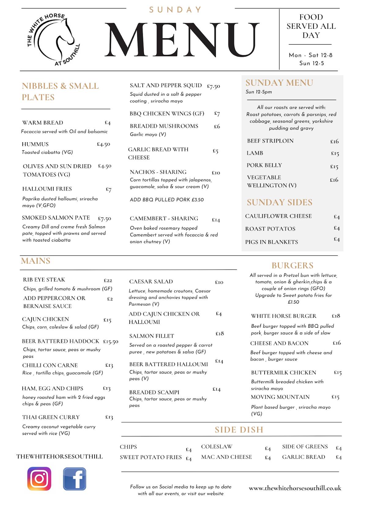 Menu at The White Horse pub & bar, Southill, High St