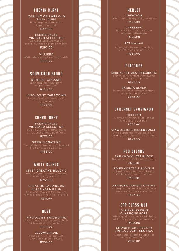 Menu at Soya Soul restaurant, Johannesburg