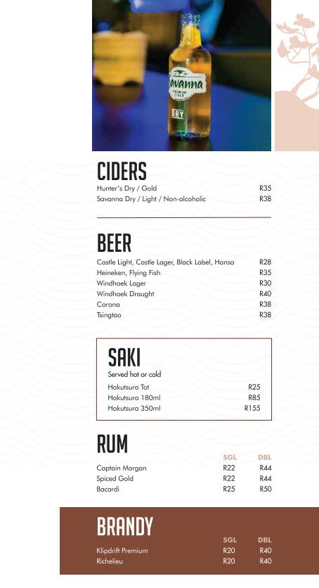 Menu at Soya Soul restaurant, Johannesburg