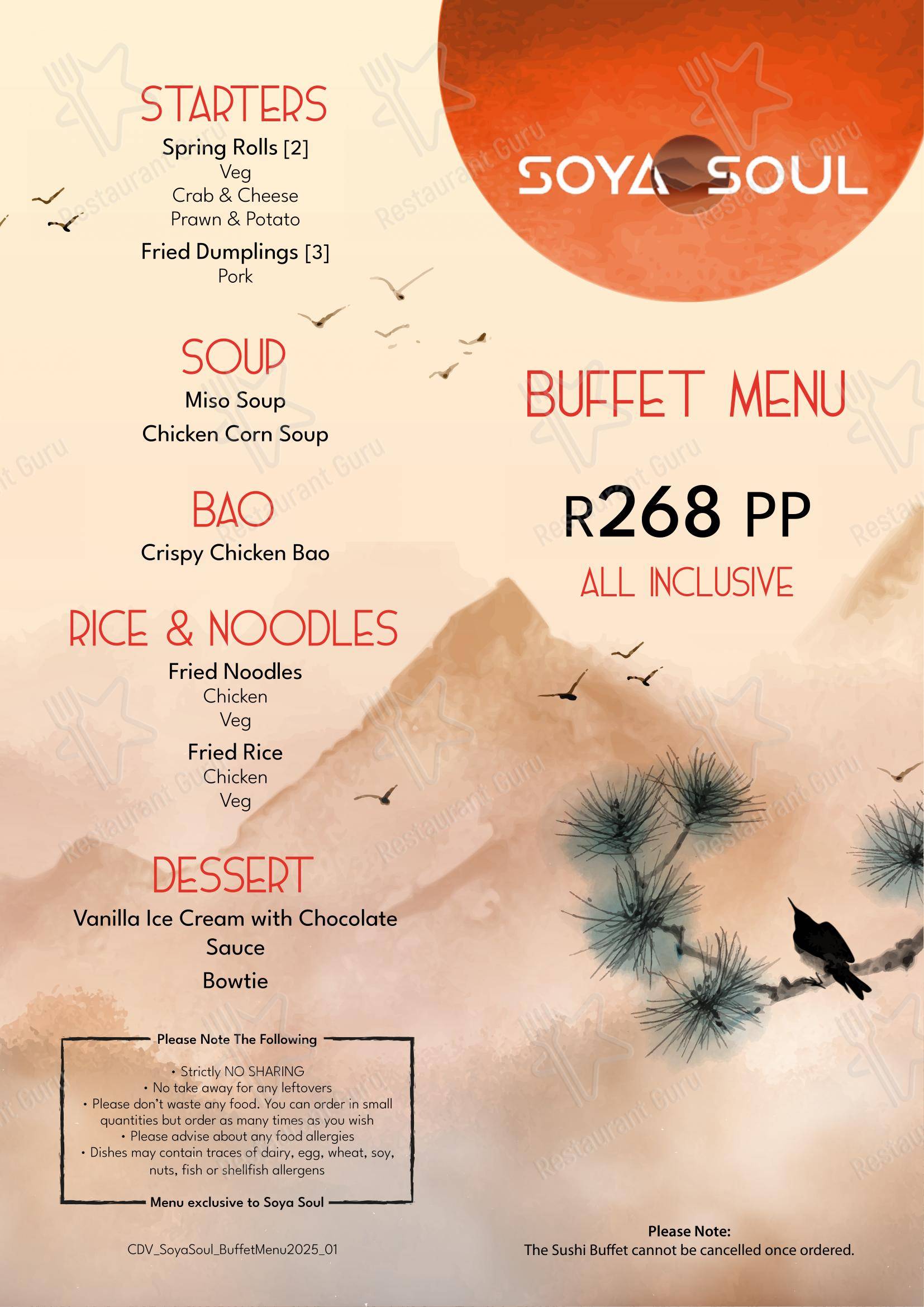 Menu at Soya Soul restaurant, Johannesburg