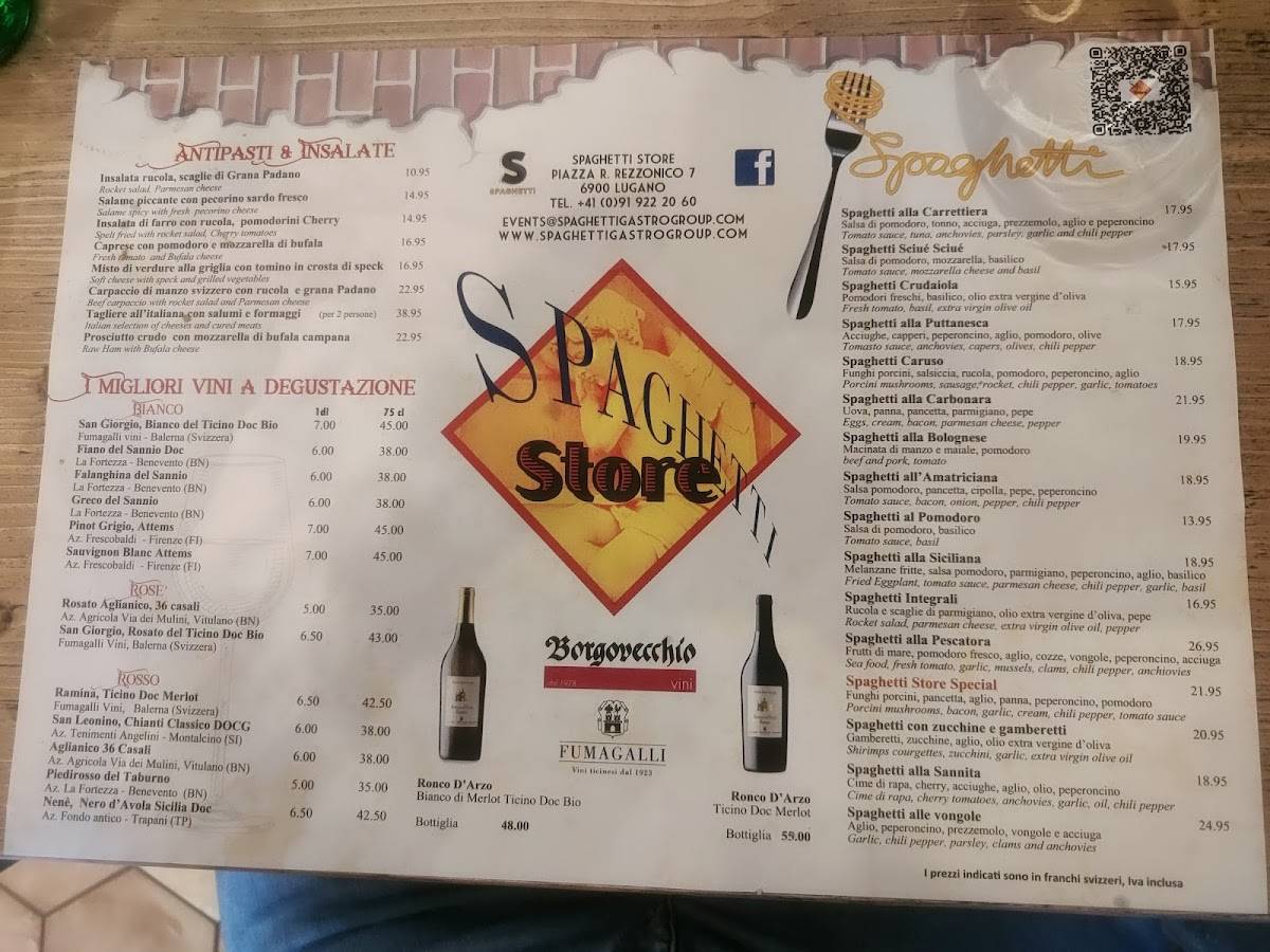 Carta de Spaghetti Store, Locarno