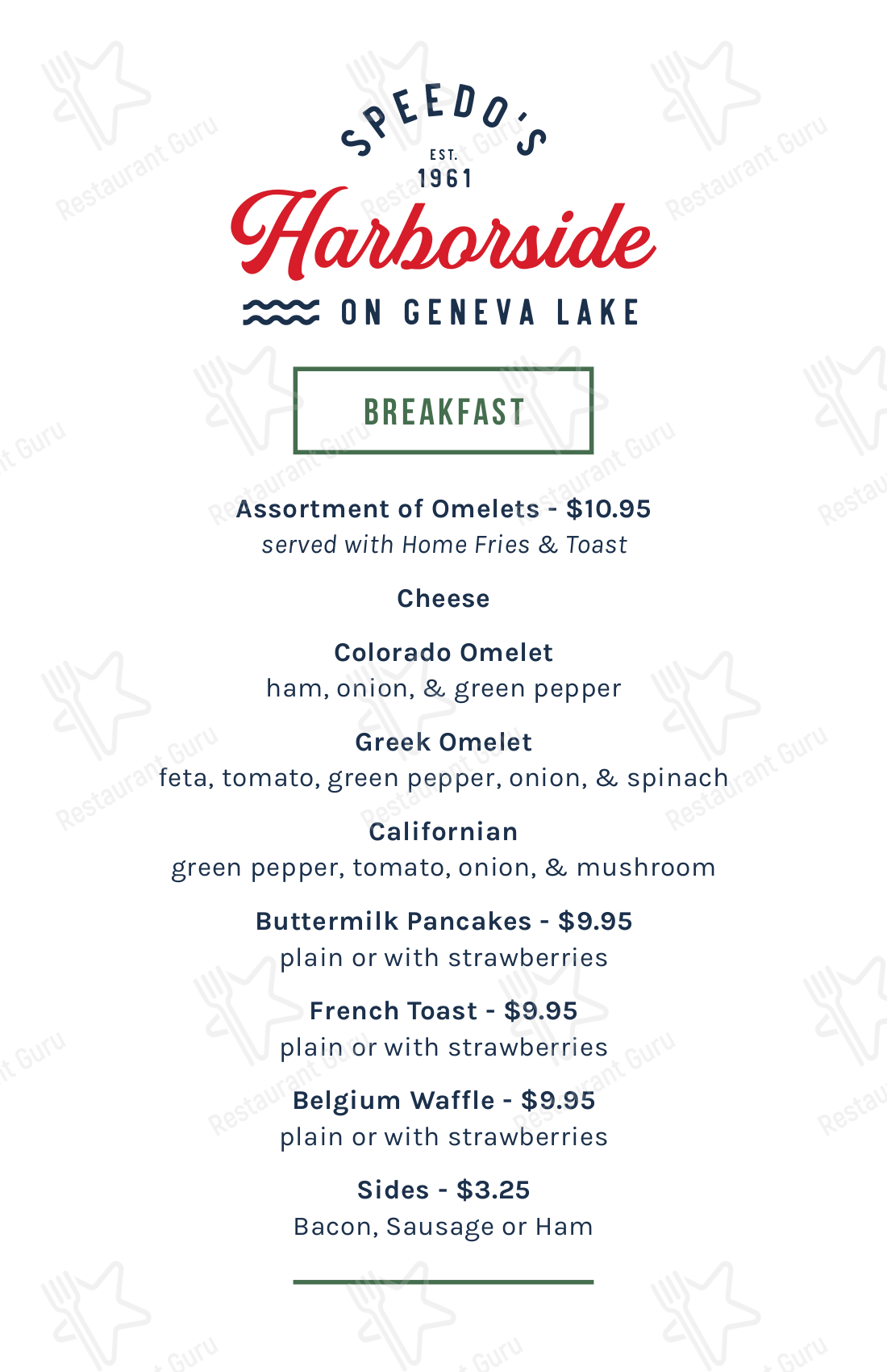 Menu at Speedo's Harborside Pub & Grill, Lake Geneva