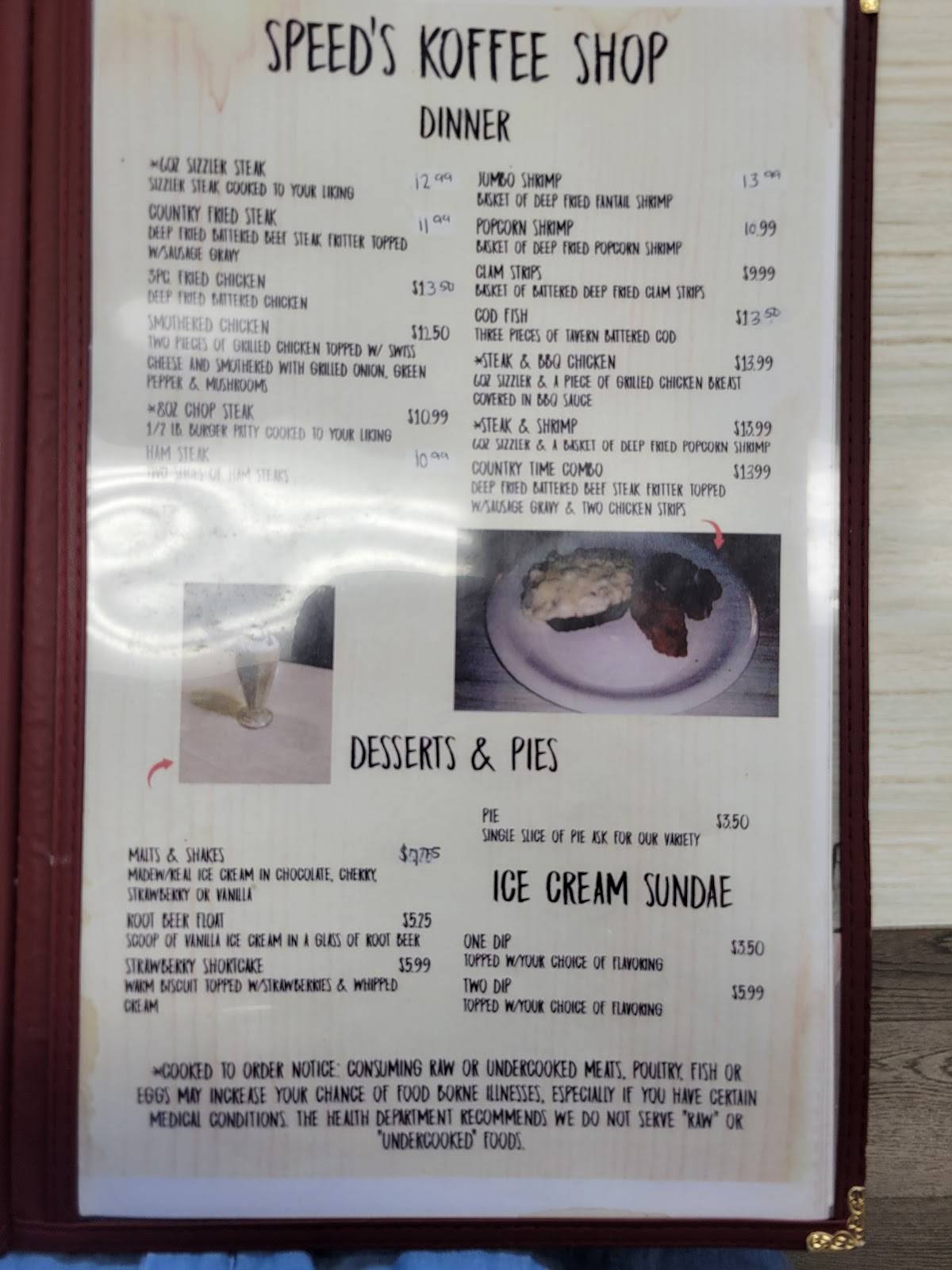 Menu at Speeds Coffee Shop cafe, Battle Creek