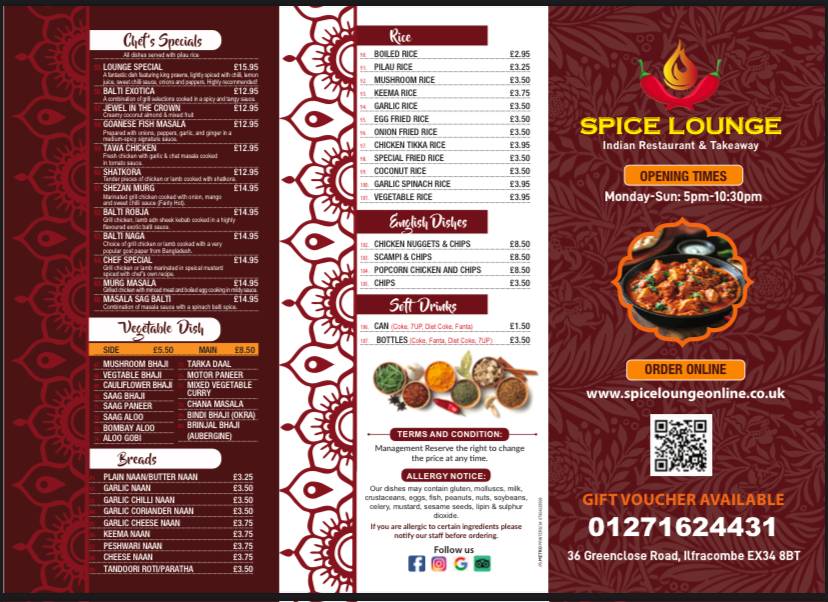 Menu at Spice Lounge Indian Cuisine restaurant, Ilfracombe
