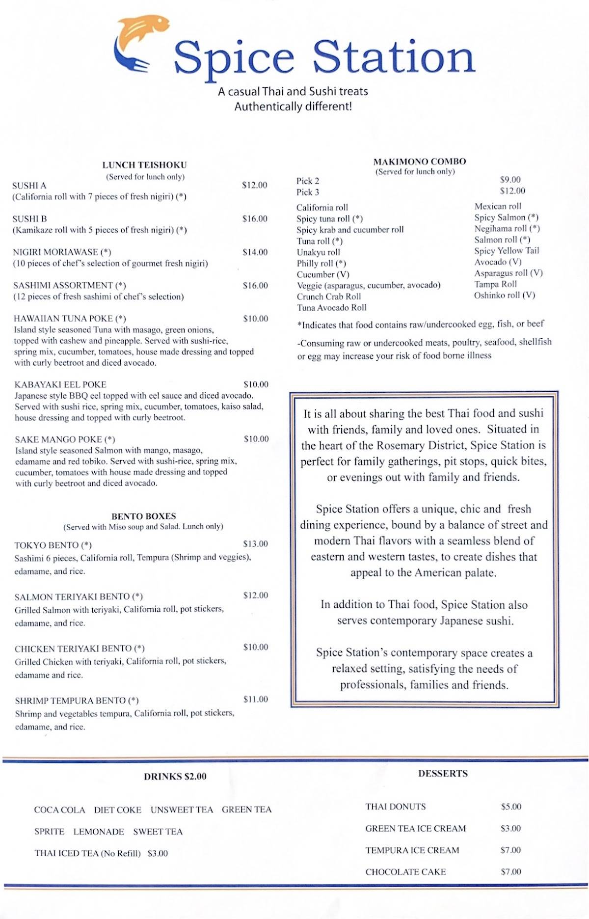 Menu at Spice Station restaurant, Sarasota