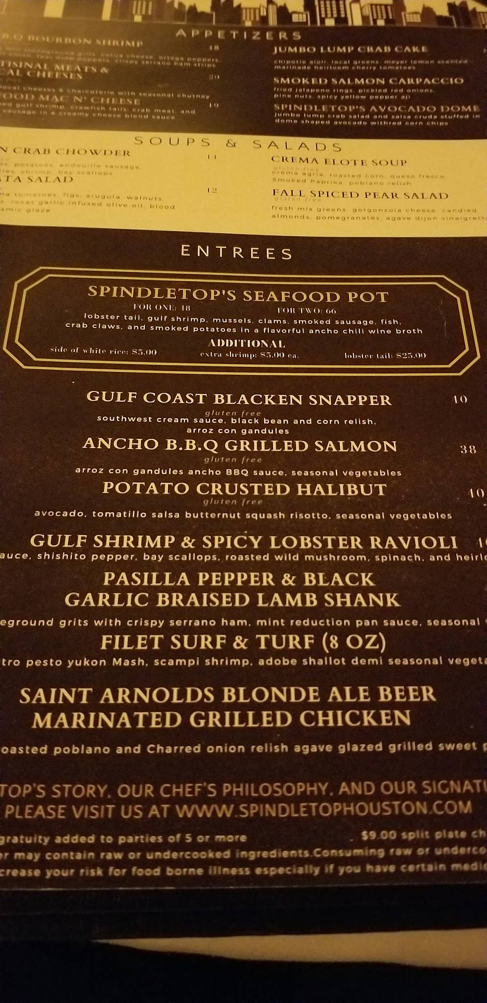 Menu at Spindletop steakhouse, Houston, 1200 Louisiana St