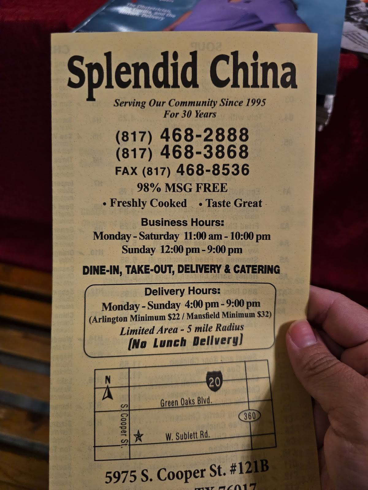 Menu at Splendid China restaurant, Arlington