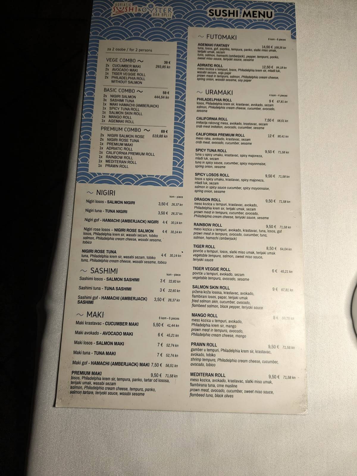 Menu at Adriatic Sushi & Oyster bar Split, Split