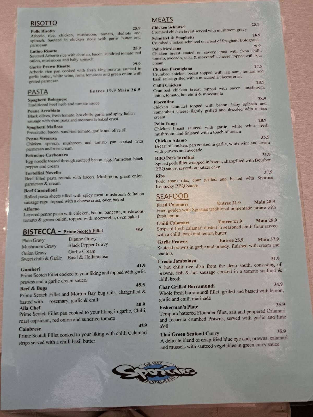 Menu at Sporties Restaurant, Alice Springs, Todd Mall