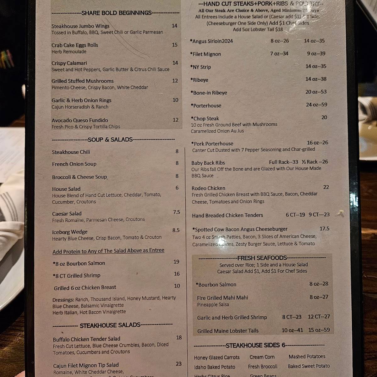 Menu at Spotted Cow Steakhouse, Winston-Salem