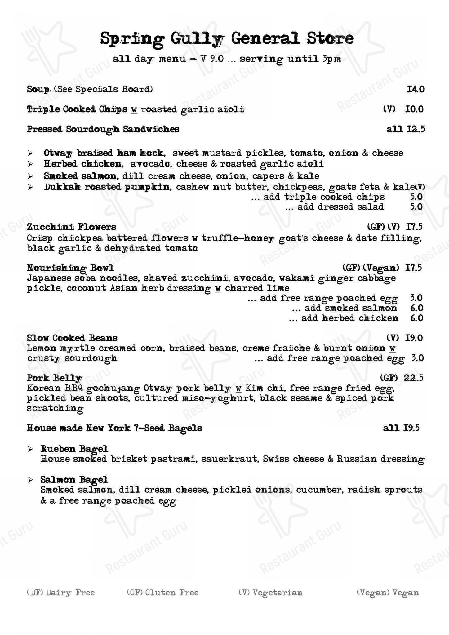 Menu at Spring Gully General Store cafe, Spring Gully
