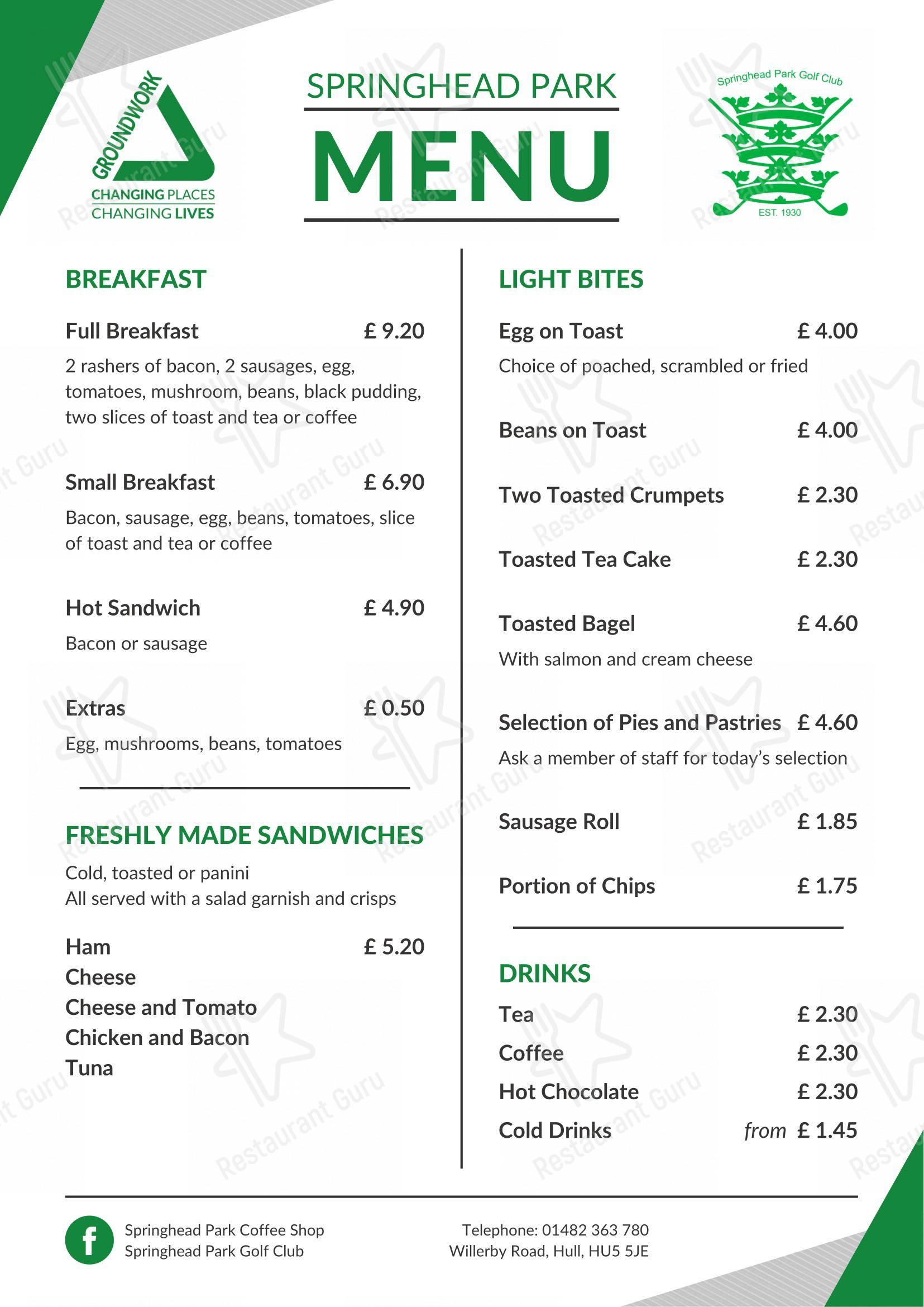 Menu at Springhead Park Coffee Shop restaurant, Hull