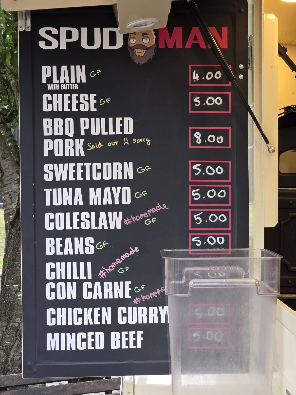 Menu at Spud Man fast food, Tamworth