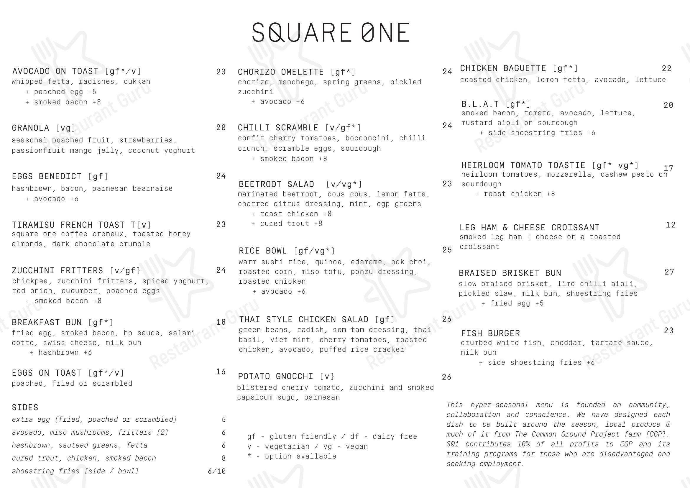 Menu at Square One Rialto cafe, Melbourne