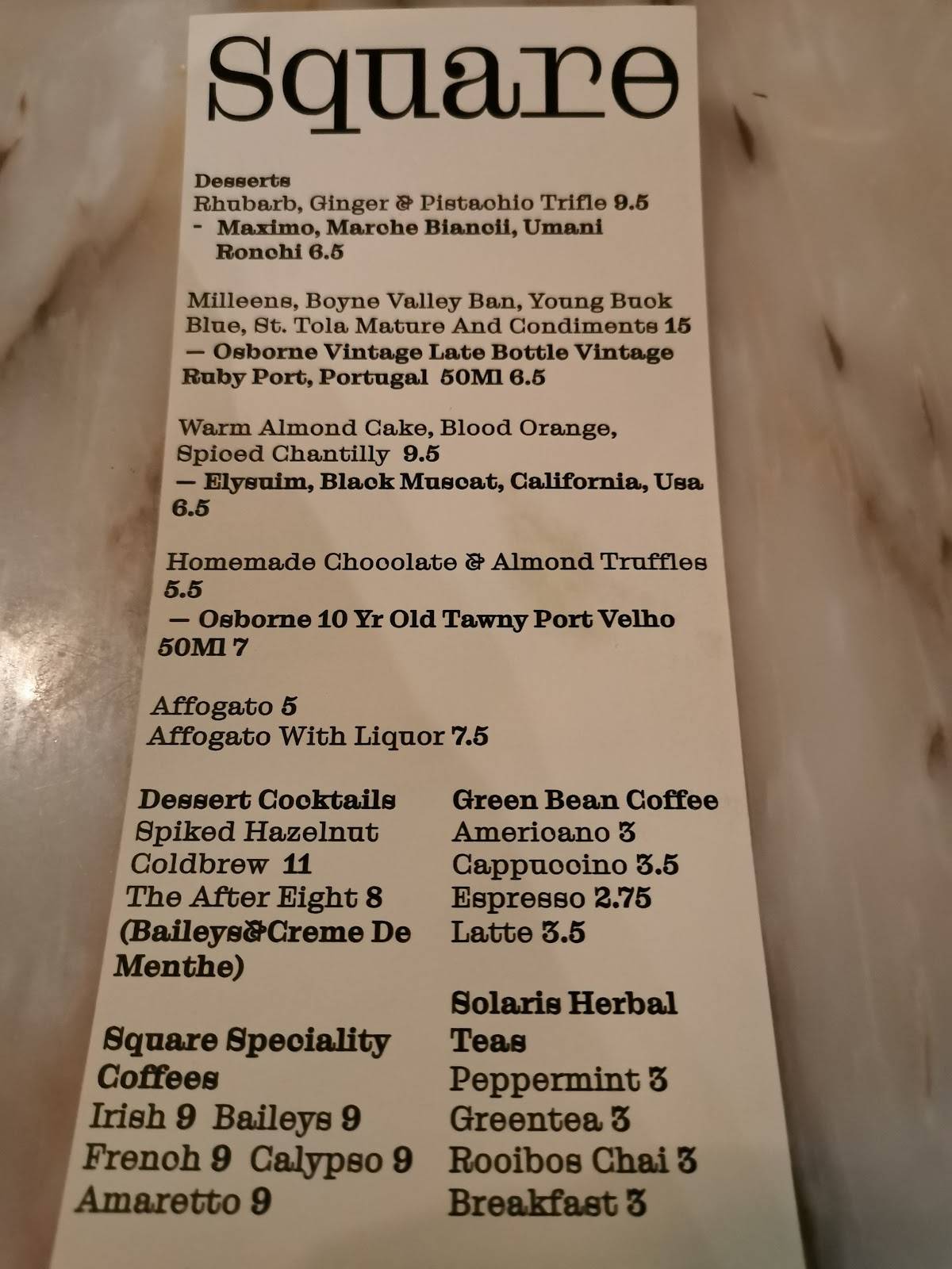 Menu at Square Restaurant, Dundalk