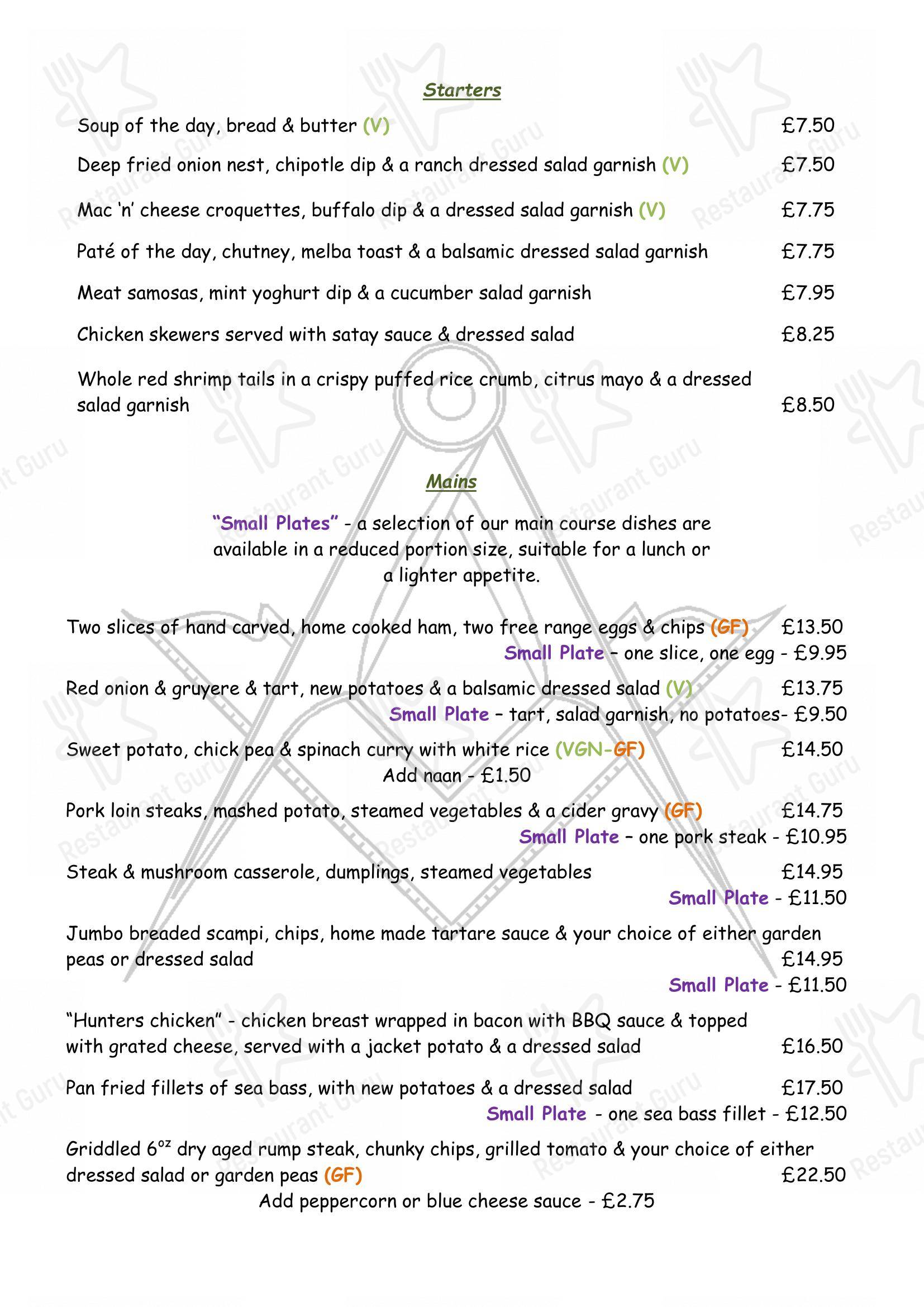 Menu at Square & Compasses pub & bar, Cambridge, 46 High St