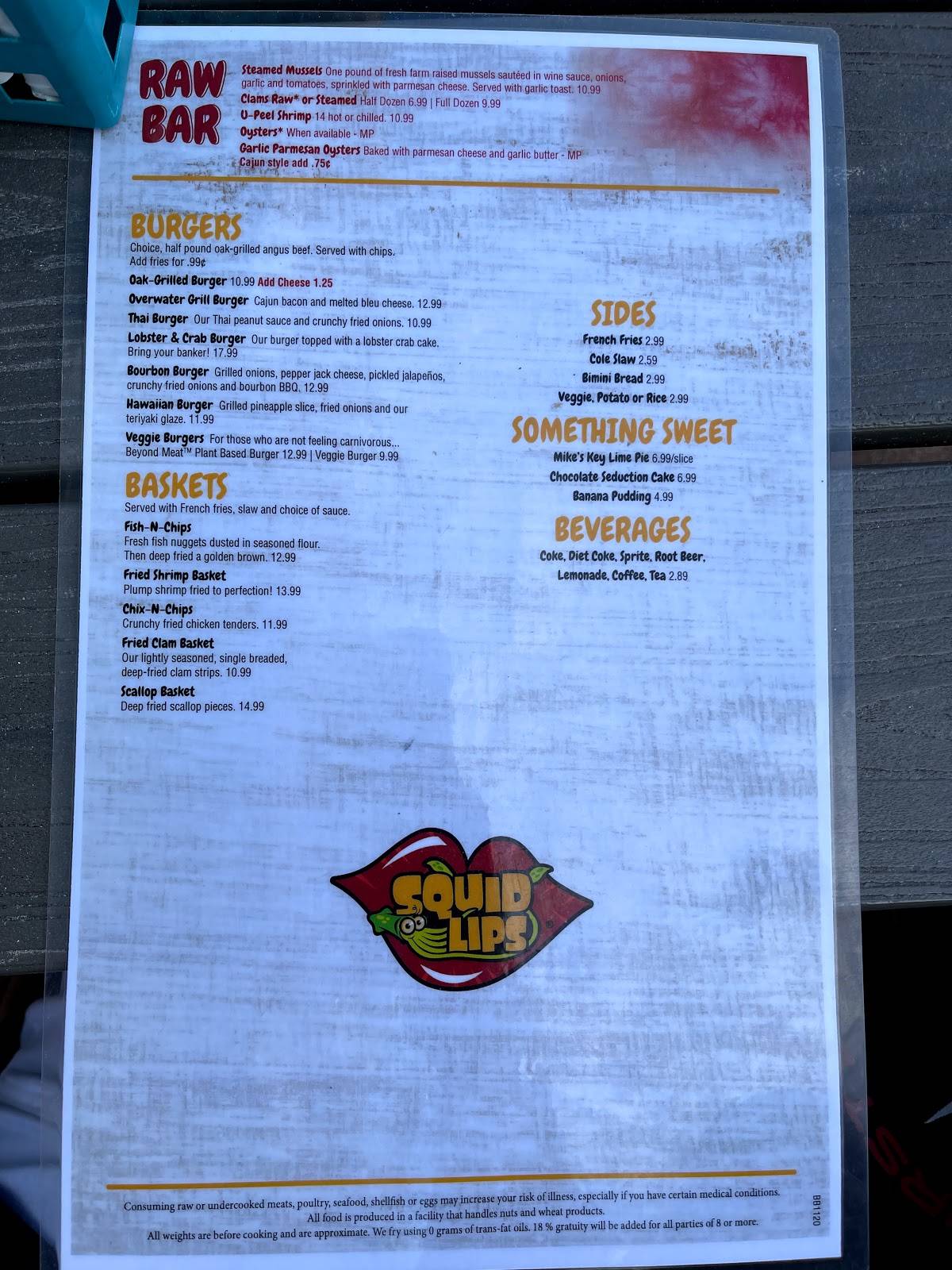 Menu at Squid Lips restaurant, Melbourne