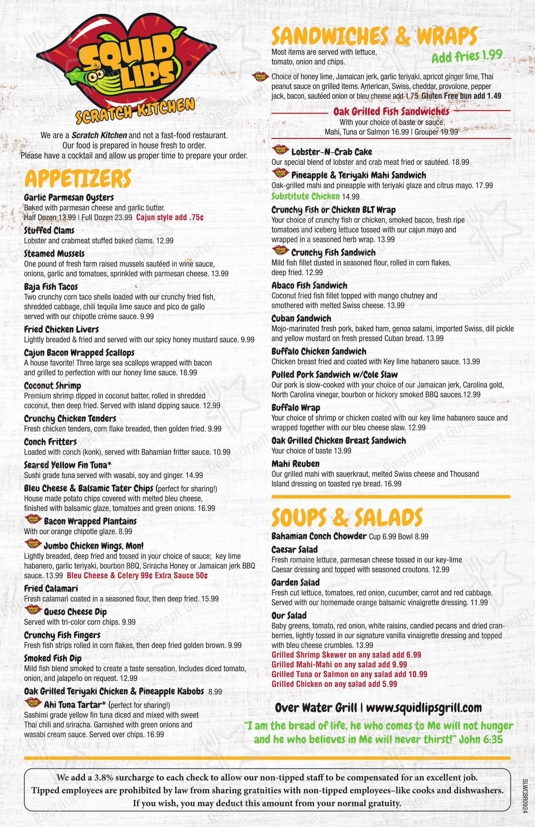 Menu at Squid Lips restaurant, Melbourne