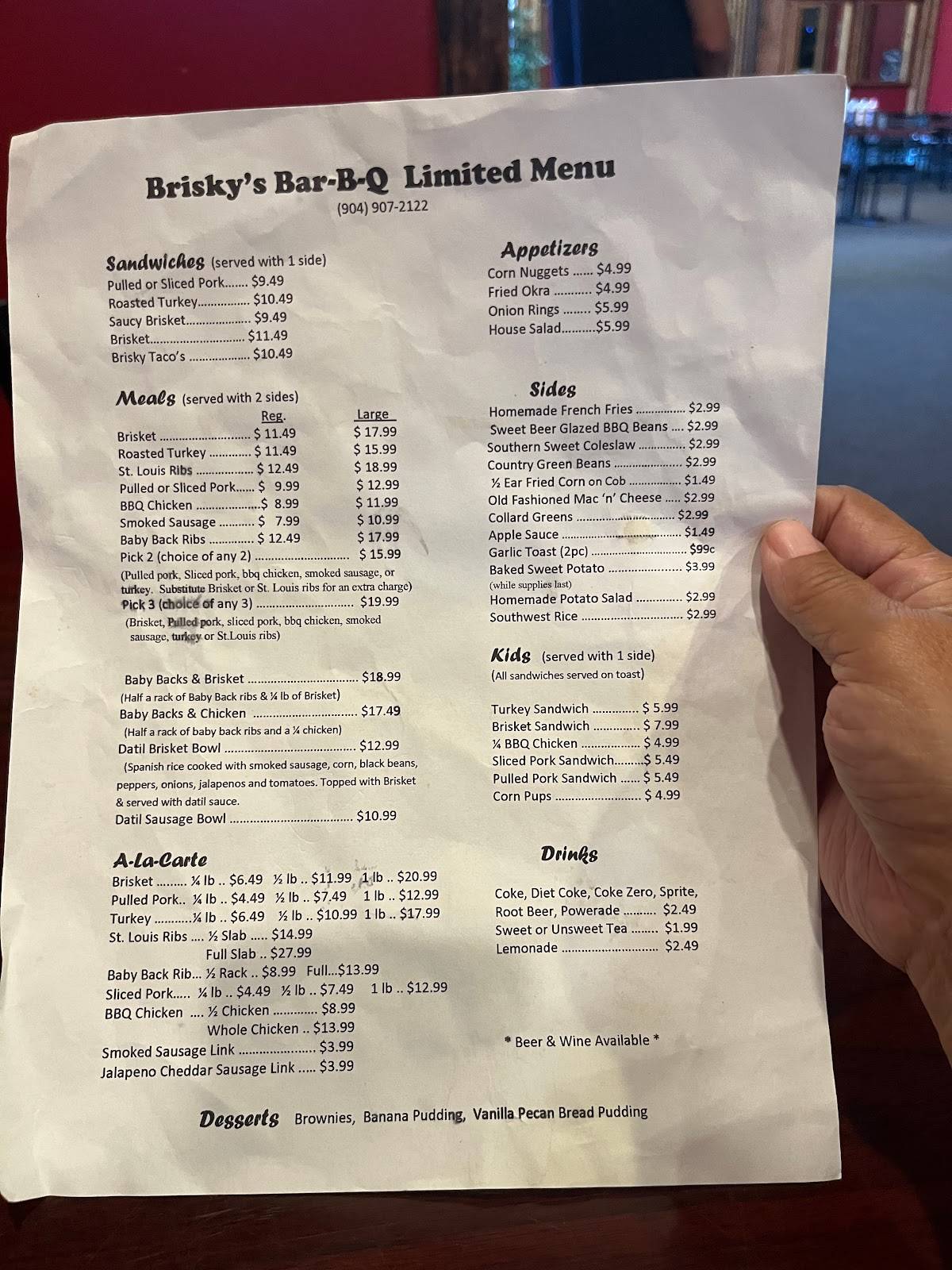 Menu at Brisky's BBQ, St. Augustine