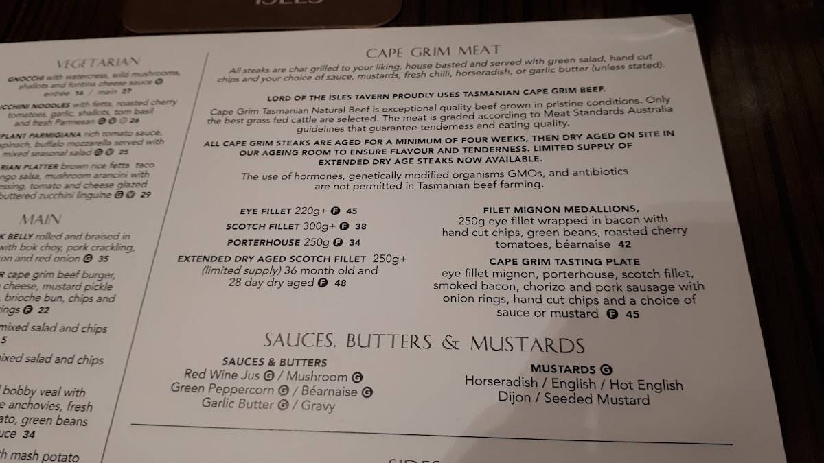 Menu at St Lords restaurant, Geelong