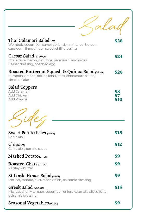 Menu at St Lords restaurant, Geelong