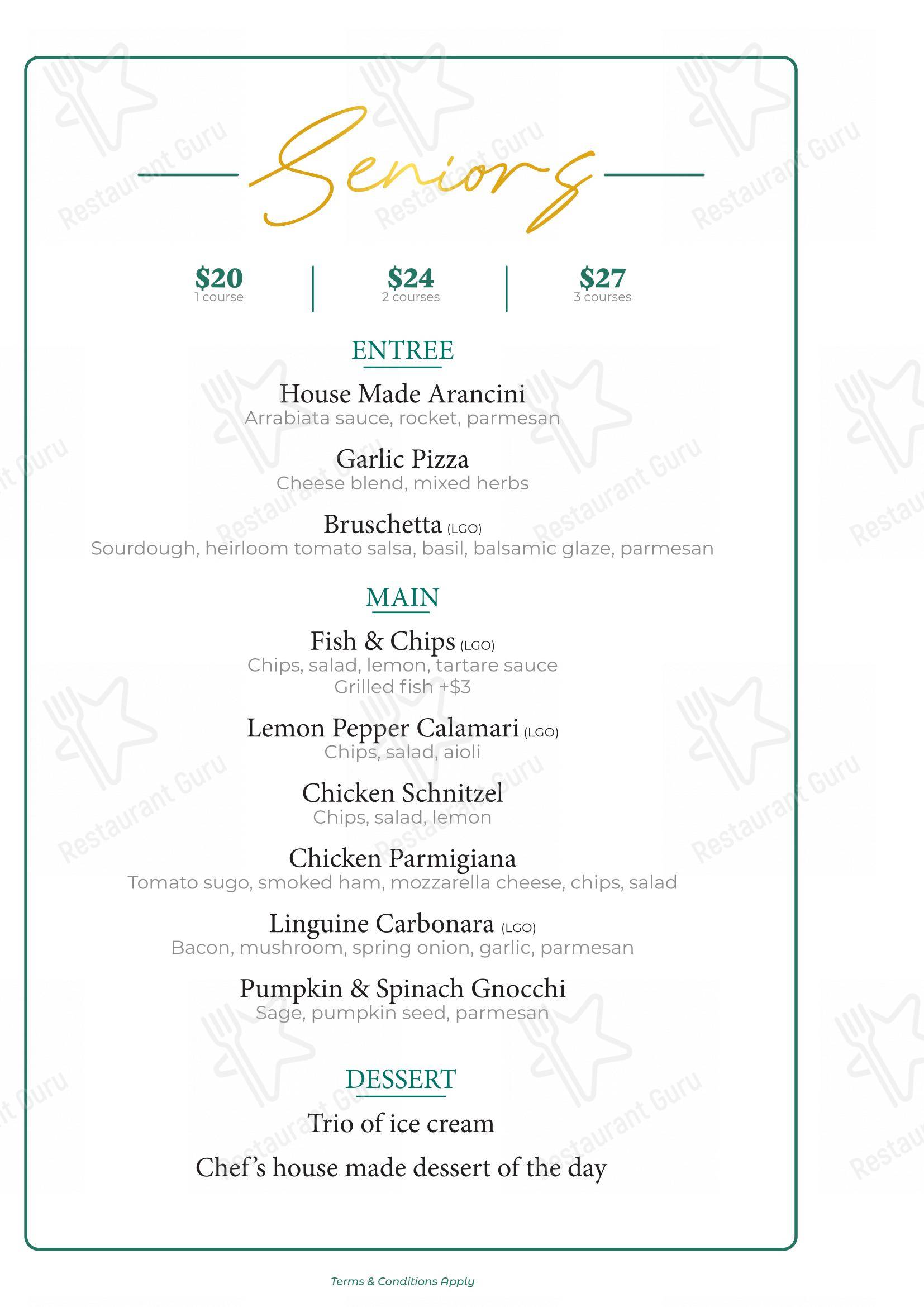 Menu at St Lords restaurant, Geelong