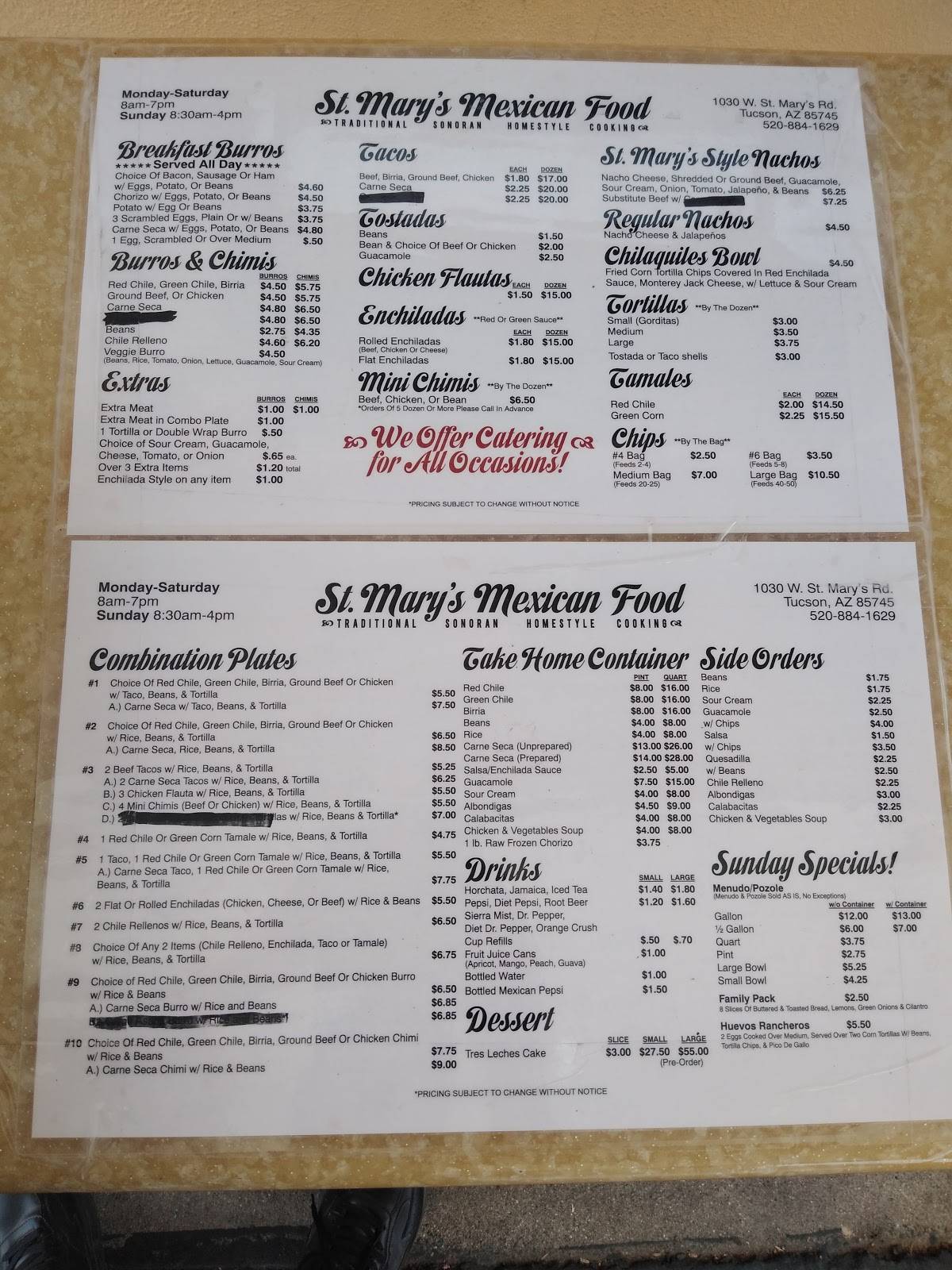 Menu at St. Mary's Mexican Food restaurant, Tucson
