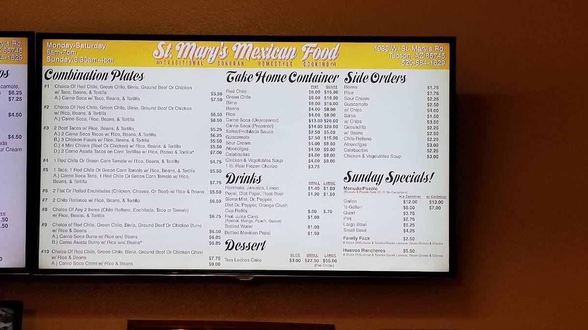 Menu at St. Mary's Mexican Food restaurant, Tucson