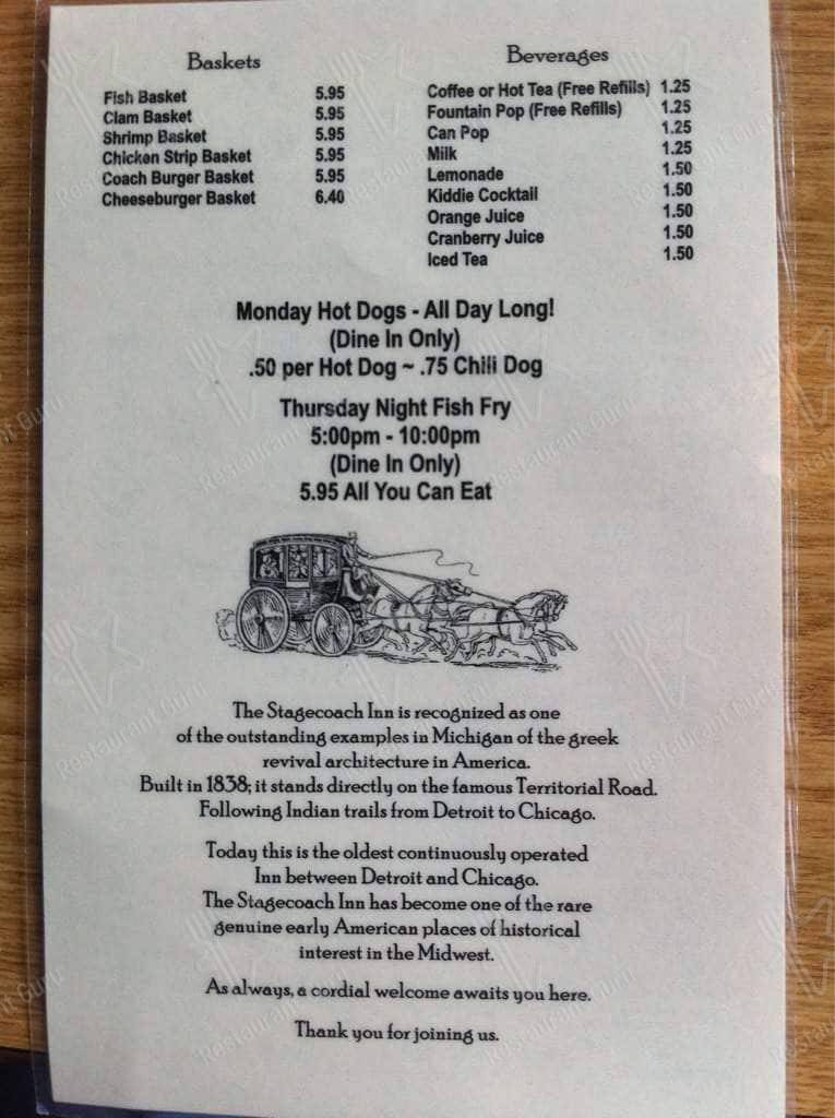 Menu at The Stagecoach Inn pub & bar, Marshall