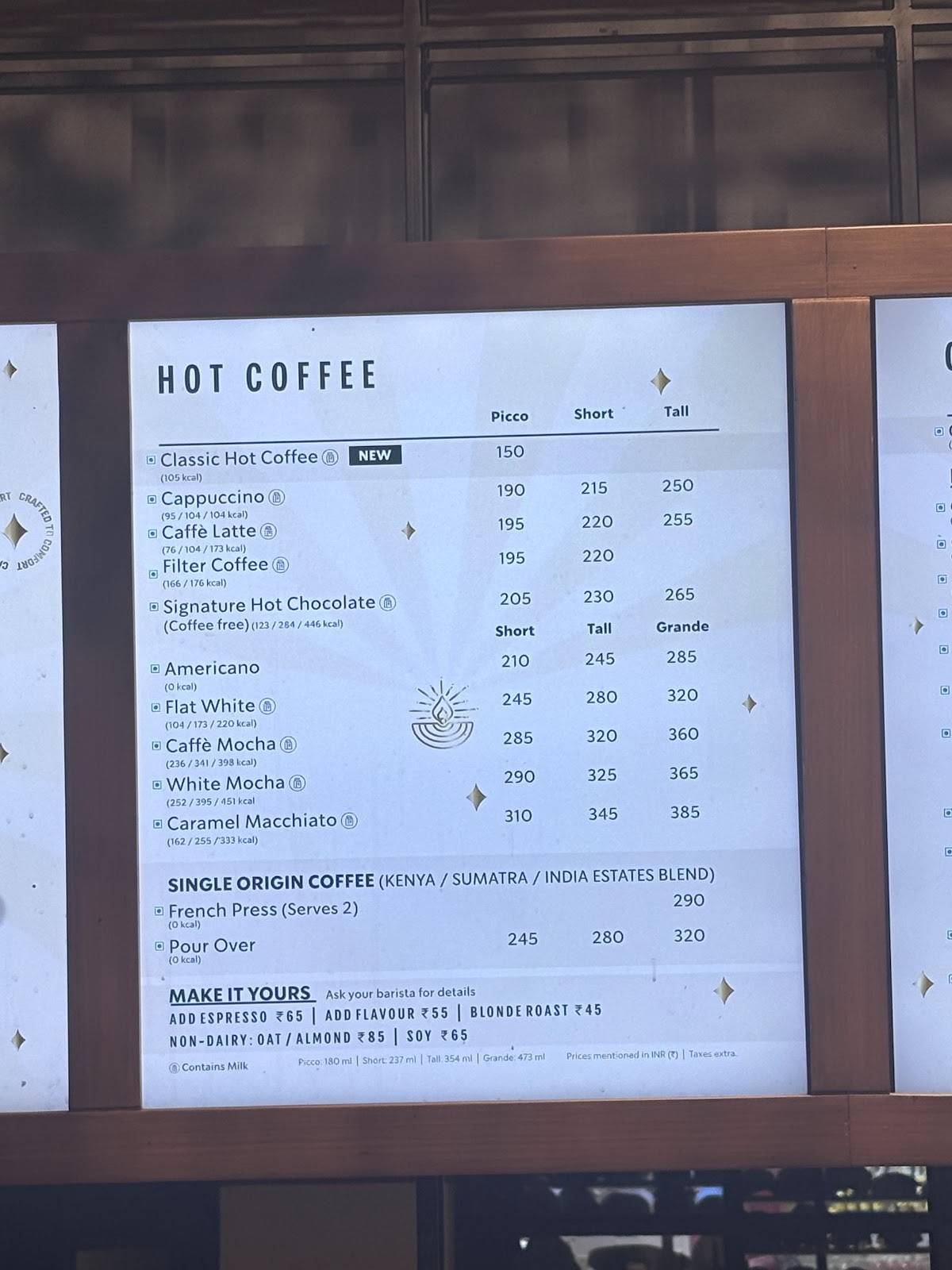 Menu at Starbucks, Coimbatore
