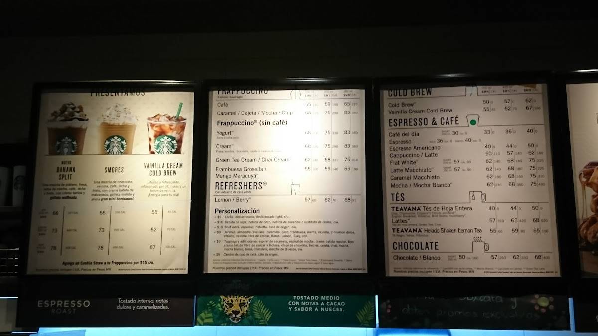Menu at Starbucks cafe, Ensenada, Macroplaza Del Mar