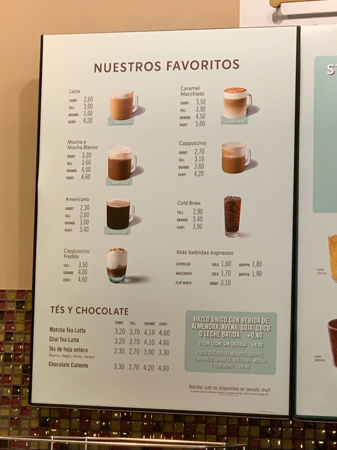 Carta del café Starbucks, Madrid, C. Adolfo Bioy Casares
