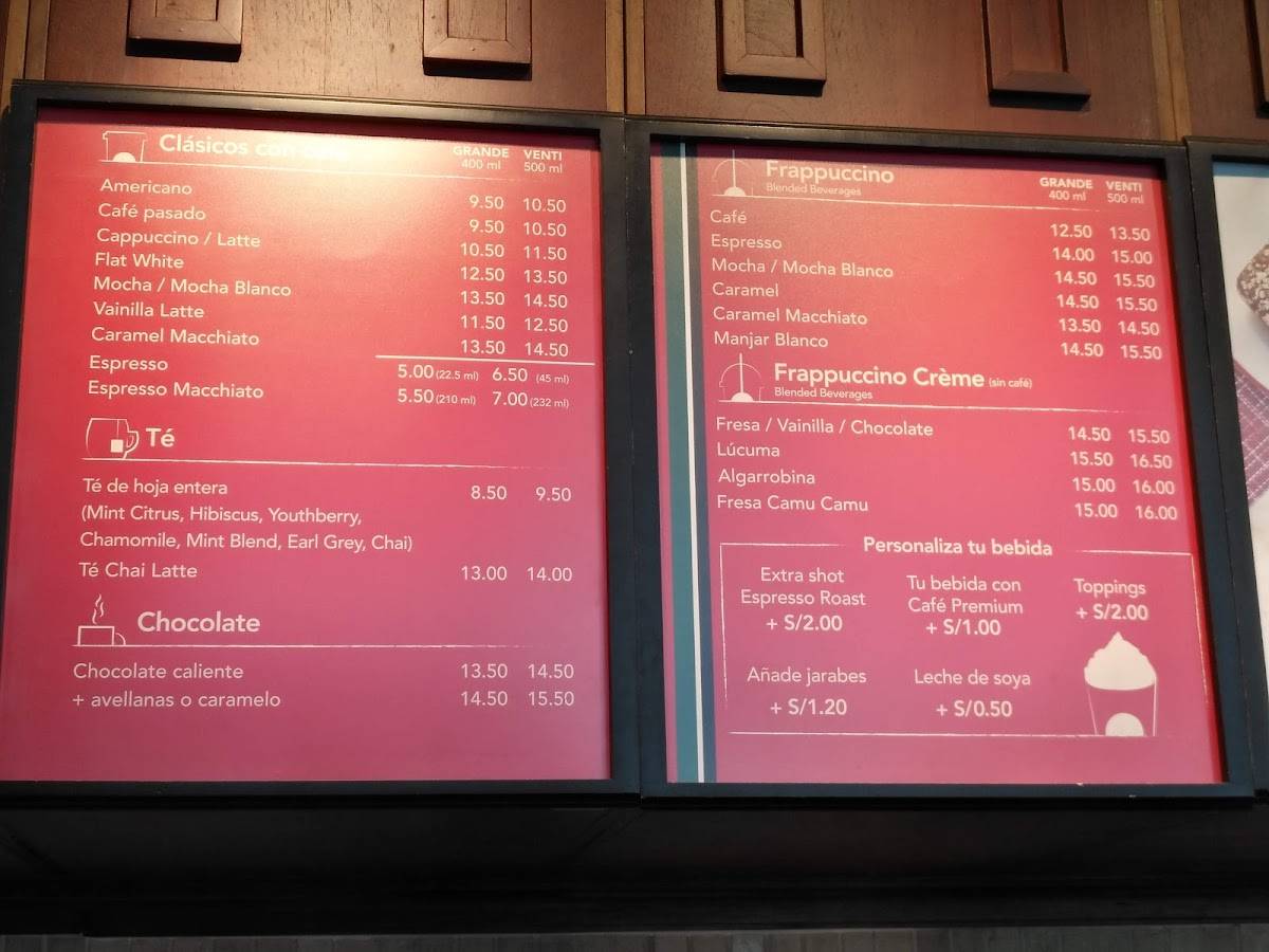 Carta del restaurante Starbucks, Lima, Jirón del la Unión 498