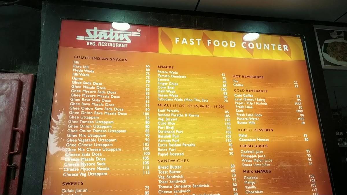 Menu at Status Restaurant, Mumbai, Regent Chambers