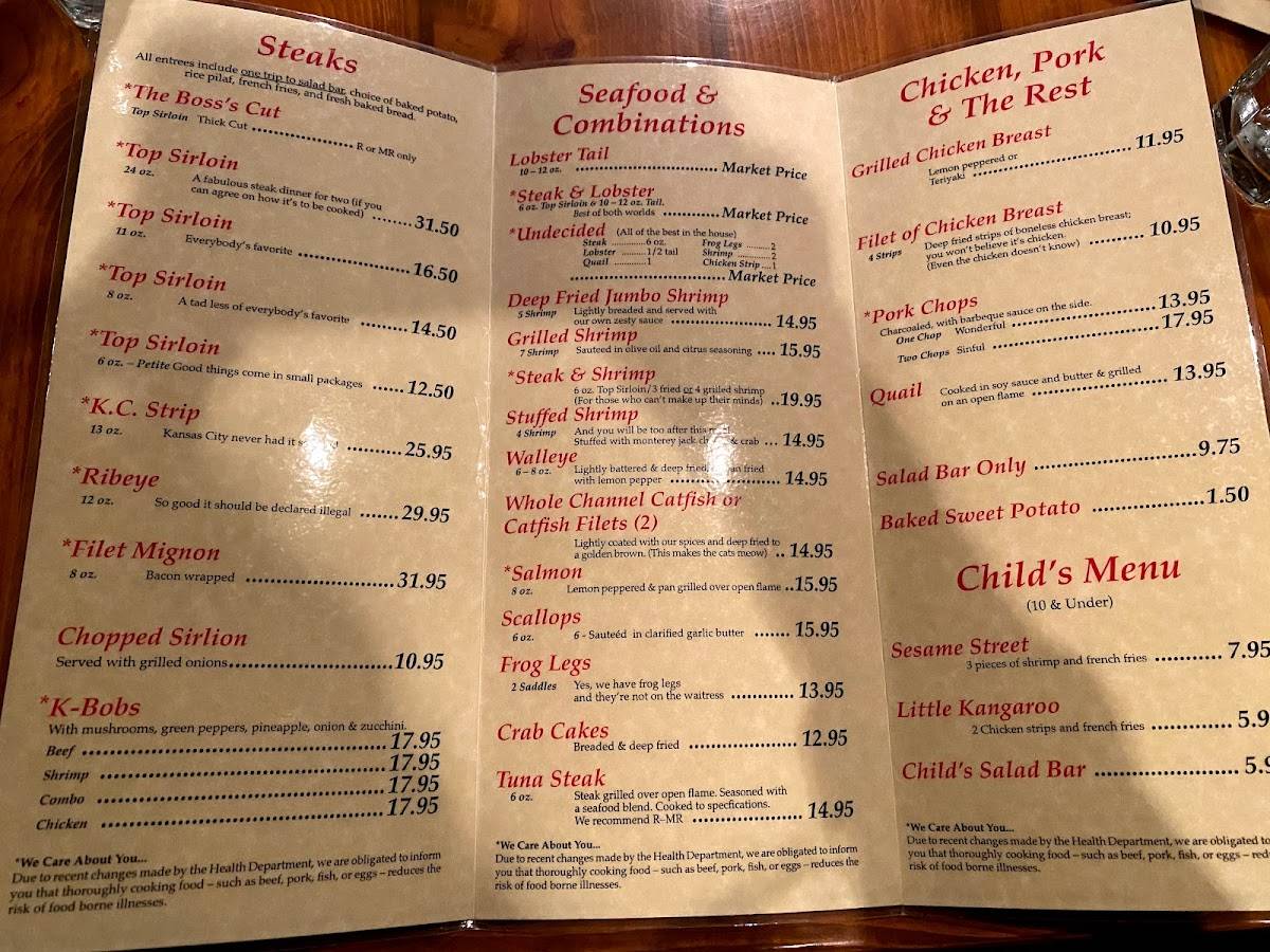 Menu at Steak Inn steakhouse, Shell Knob, Waters Edge Dr
