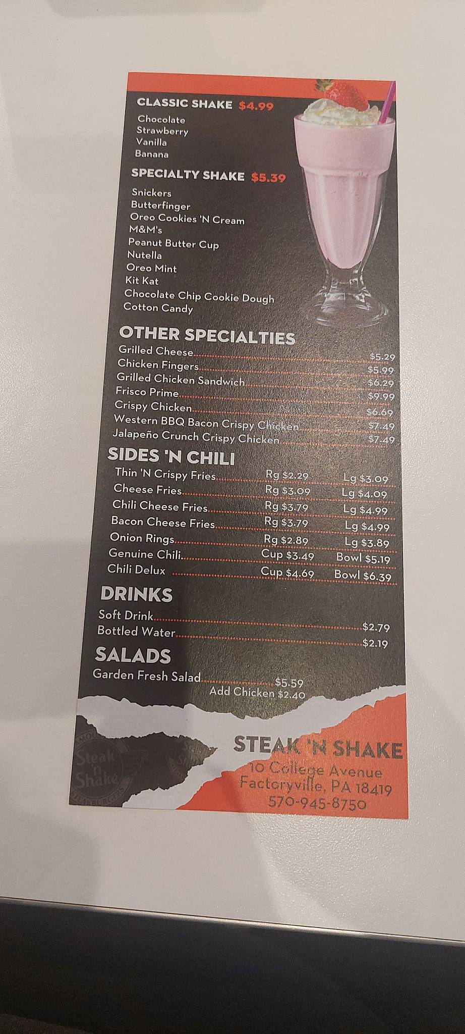 Menu at Steak n Shake restaurant, Factoryville