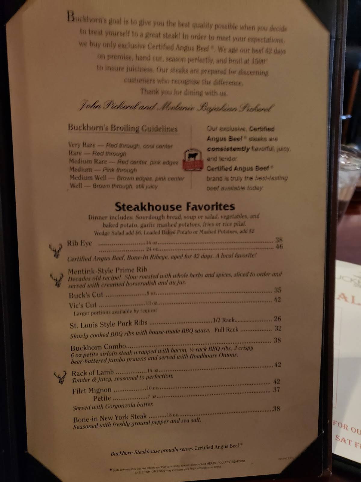 Menu at Buckhorn Steakhouse, Winters