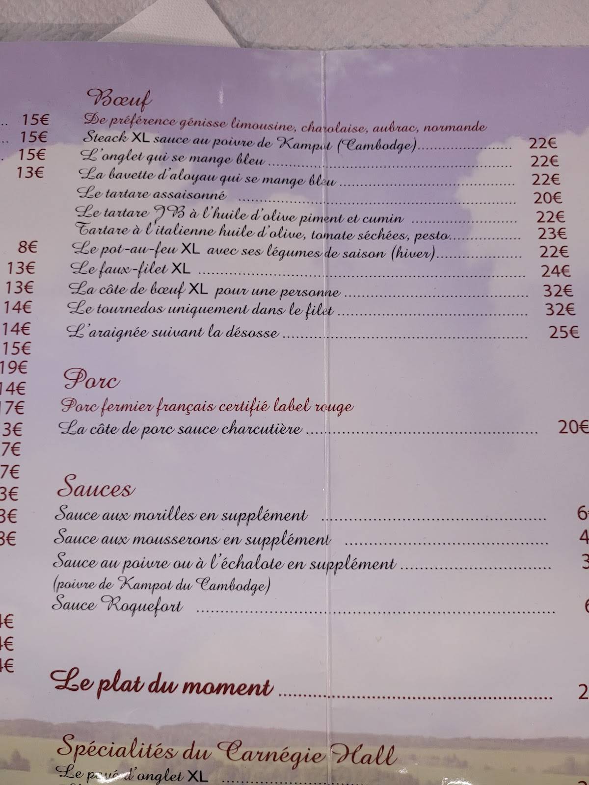 Menu au Carnegie Hall restaurant à viande, Lyon, 253 Rue Marcel Mérieux