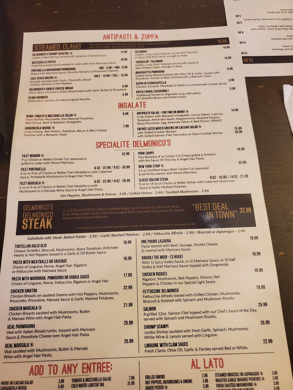Menu at Delmonico's Italian Steakhouse, Rochester