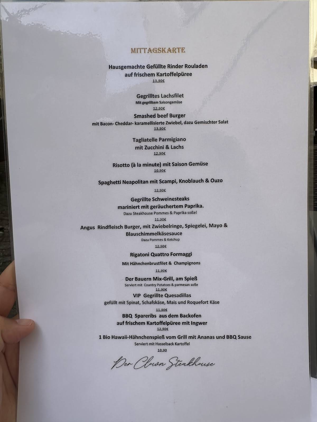 Menu at Der Clown steakhouse, Schwäbisch Hall