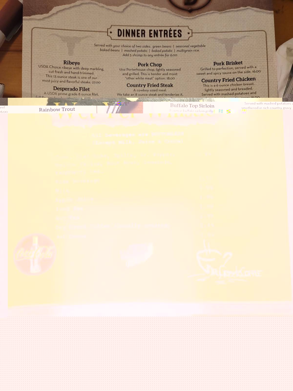 Menu at Desperados steakhouse, Hill City