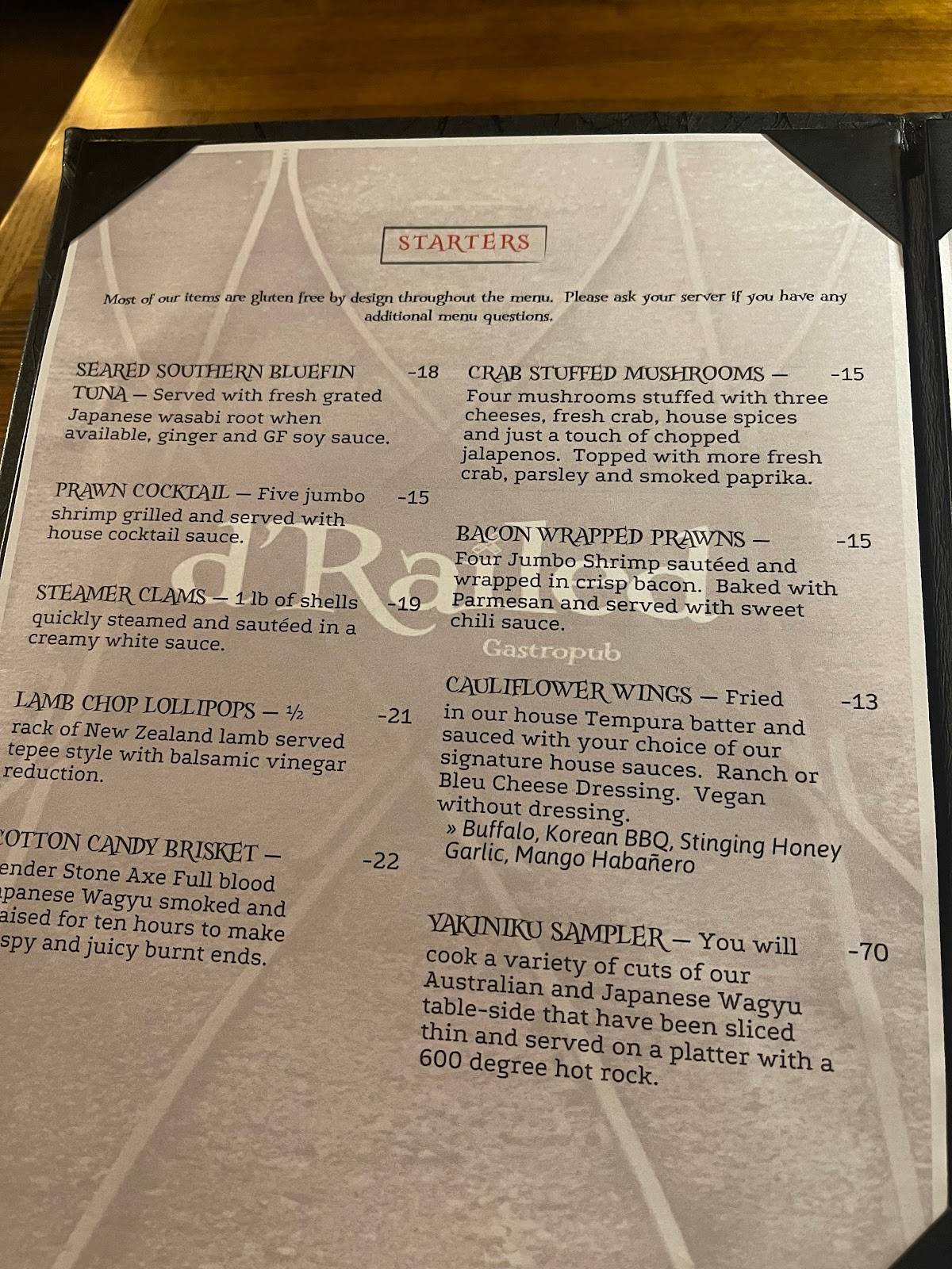 Menu at D'railed steakhouse, Idaho Falls