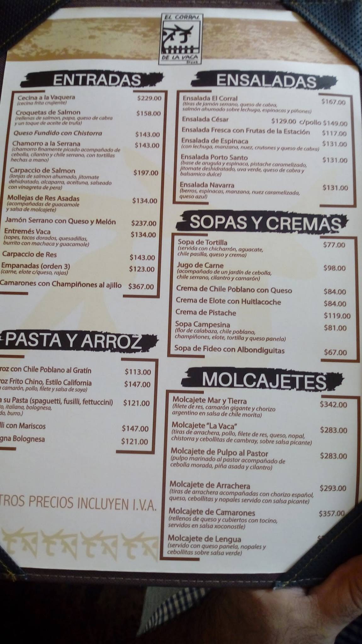 Menu at El Corral de la Vaca steakhouse, San Juan del Río, México 45 Km ...