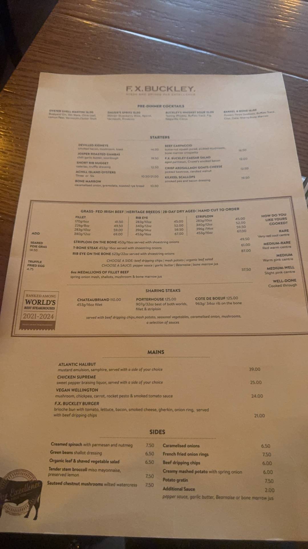 Menu at FX Buckley Steakhouse Crow Street, Dublin, 2 Crow St